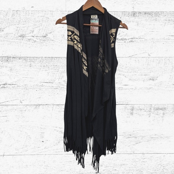 Vocal | Jackets & Coats | Vocal Black Vest With Cream Tribal Design And Fringe | Poshmark